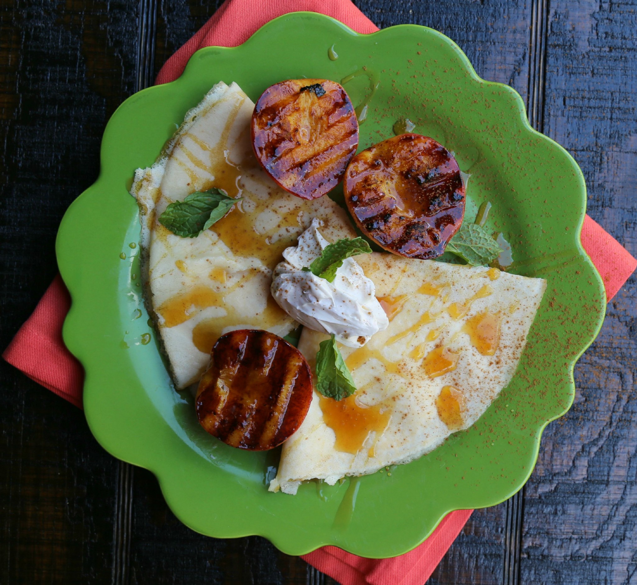 Honey Cream Cheese Filled Crepes with Grilled Peaches