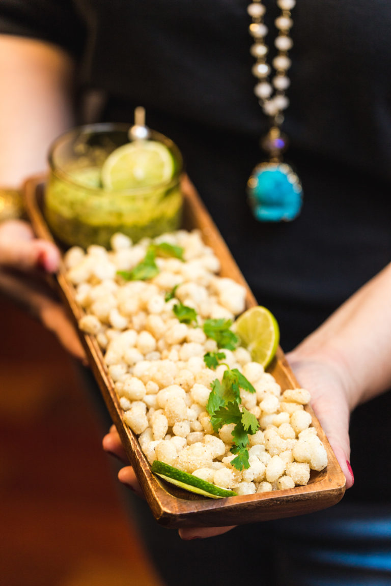 Fried Hominy with Cilantro Pepita Pesto - Sweet Life