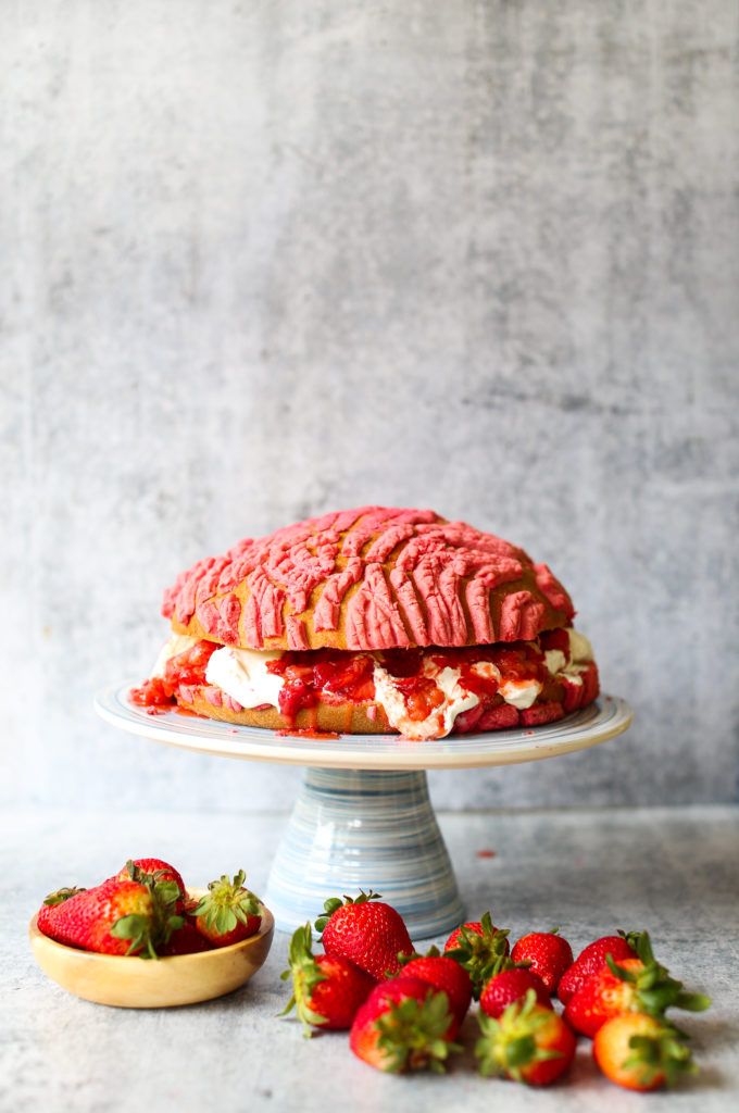 Concha Cake with Whipped Cream and Macerated Strawberries - Sweet Life