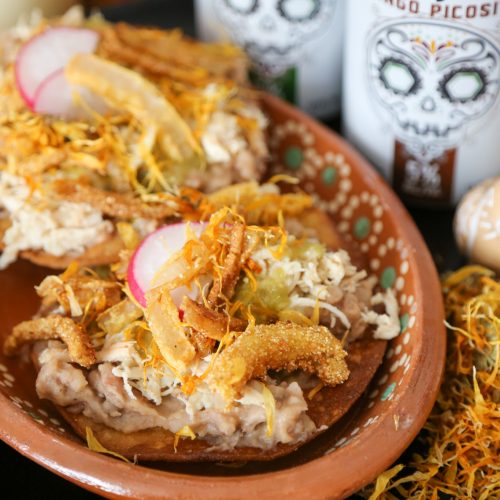 Shredded Chicken Tostadas with Salsa Verde and Fried Onions & Marigolds ...